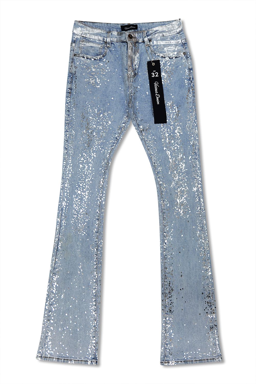 Vicious Denim -Silver Paint Splatter Stacked Jeans -Silver