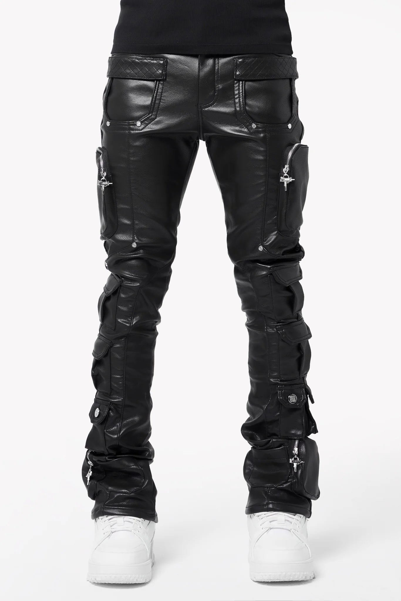 Guapi - Obsidian Black Cargo Leather Stacked Jeans